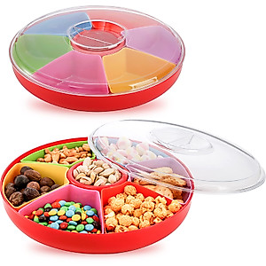 Dicunoy 2 Pack Divided Serving Trays with Lids, 13'' Veggie Tray Container Bowls, Relish Sectional Plastic Snack Tray with 7 Moveable Compartment for Candy, Appetizer, Fruit, Nuts, Parties