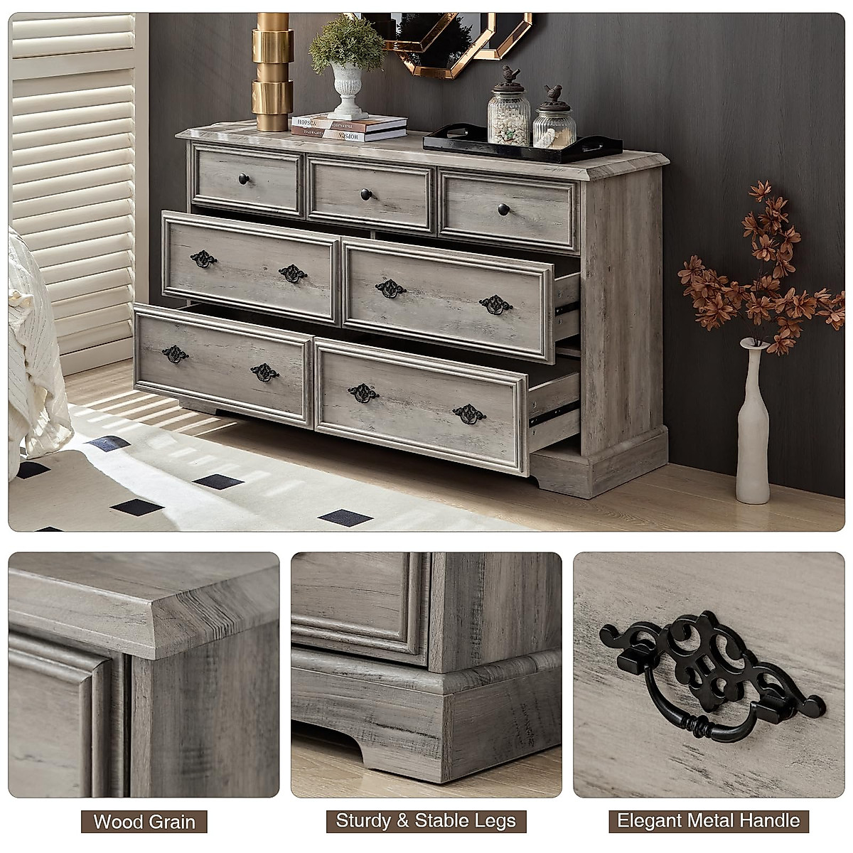 HEGGOOE 7 Drawers Dresser Chests for Bedroom, Wood Rustic Tall Chest of Drawers, Dressers Organizer for Bedroom, TV Stand Storage Chest with Antique Handles for Living Room, Hallway, Entryway