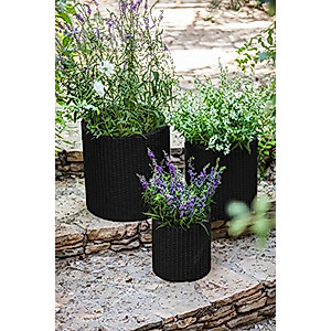 Keter Resin Wicker Cylinder Flower Pot Set of 3 Small, Medium, and Large Planters with Drainage Plugs for Outdoor or Indoor Plants, Charcoal Grey