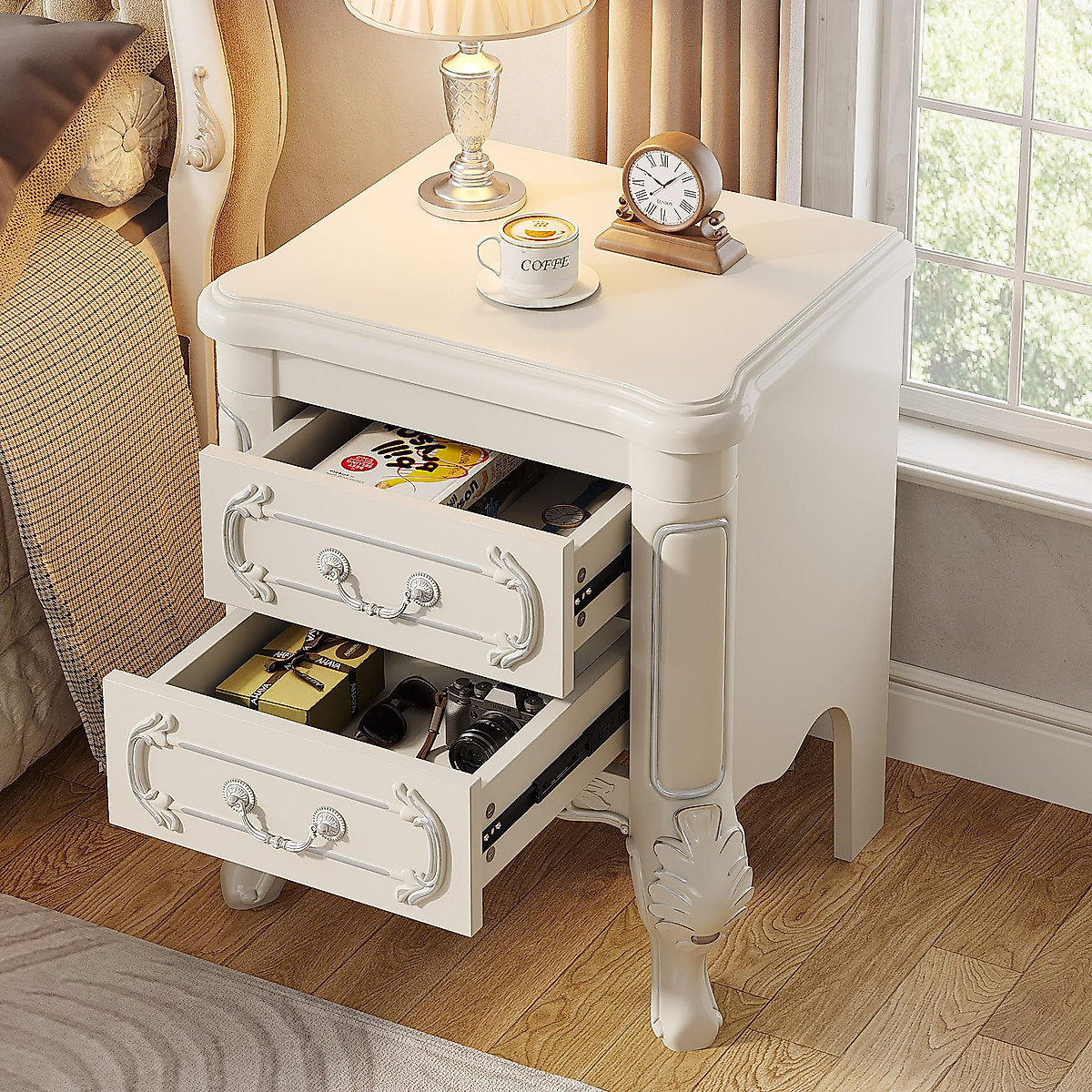 Tribesigns White Nightstand, End Table with 2 Drawers, Carved Bedside Tables, Side Table for Bedroom, Living Room, Classic Bedroom Furniture, Night Stand（1PC