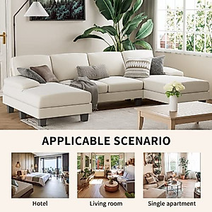 Flamaker Convertible Sectional Sofa Couch, Modern Fabric U-Shaped Living Room Furniture Set, 4-Seat Sectional Sleeper Sofa with Double Chaise & Memory Foam (White)