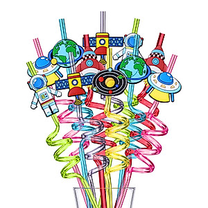 Outer Space Straws Party Favors for Theme Birthday Party Supplies with 2 Cleaning Brush | Solar System Rocket Spaceship Astronaut Satellite Planet Attachments (24+2)