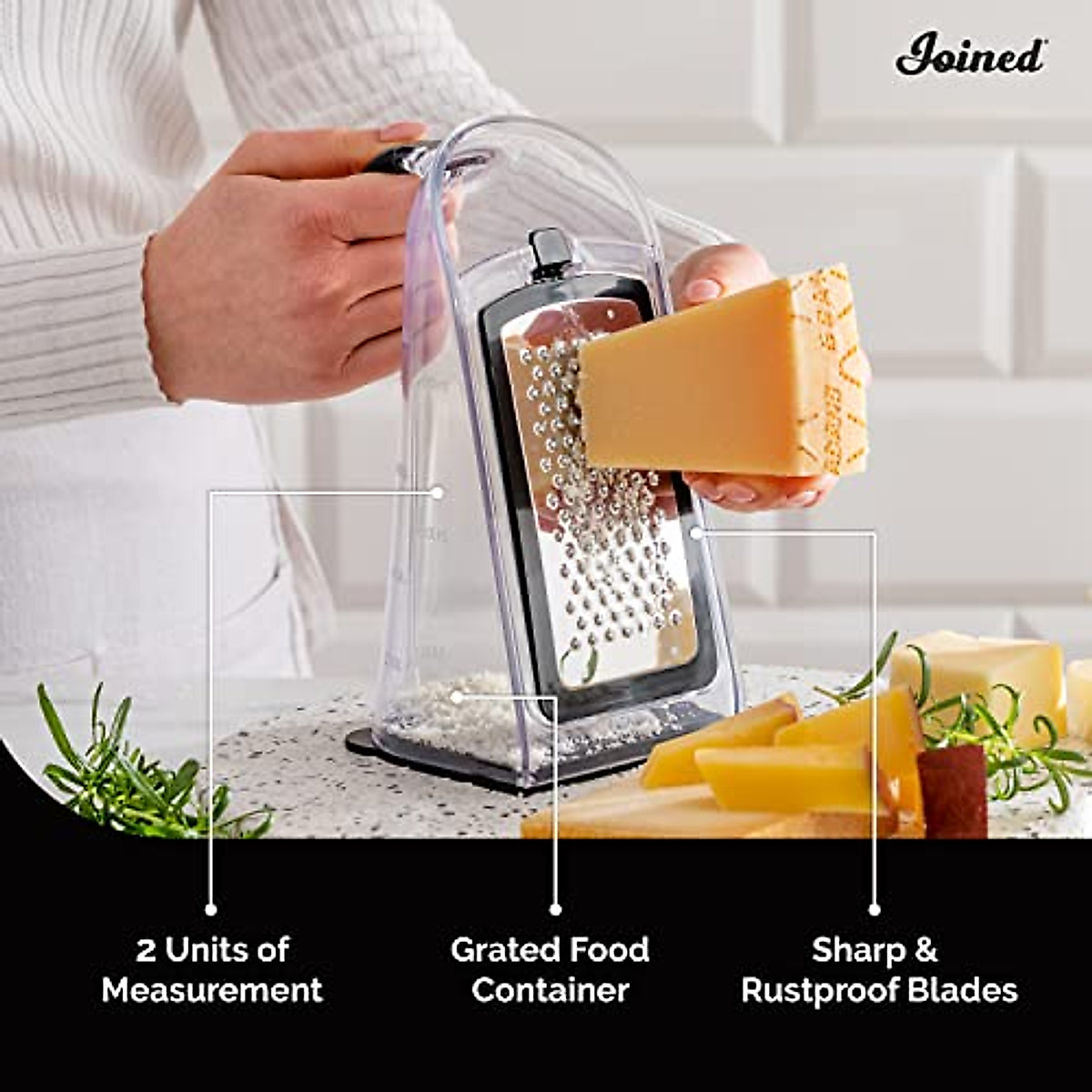 Joined Cheese Grater with Garlic Crusher - Box Grater Cheese Shredder - Cheese Grater with Handle - Graters for Kitchen Stainless Steel Food Grater - Garlic Mincer Tool and Vegetable Peeler