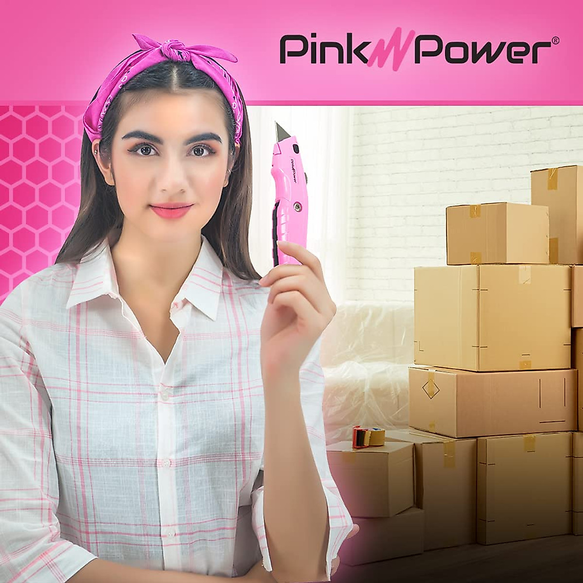 Pink Power Pink Box Cutter Retractable, Pink Utility Knife for Carpet, Cute Box Cutter Knife Heavy Duty with 3 Blades and Storage Compartment - Box Opener Pocket Utility Pink Knife Tools for Women
