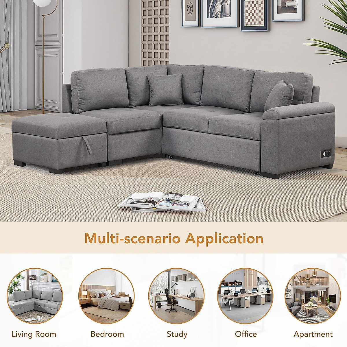 Bellemave Sectional Sleeper Sofa Pull Out Couch with Storage & USB Charging L Shaped Convertible Sofa Bed with Ottoman Pull Out Sofa Bed for Living Room Apartment, Dark Gray