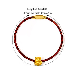 ZHOU LIU FU 24K Solid Gold Bracelet Real Gold Lucky Cat Charm Bracelet Yellow Gold Jewelry Fortune Cat Charm Bracelet for Women Red Bracelets (24K Solid Gold, 17cm /6.69 inch)