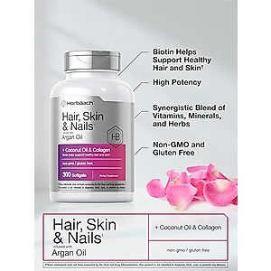 Horbäach Hair Skin and Nails Vitamins | 300 Softgels | with Biotin and Collagen | Infused with Argan Oil and Coconut Oil | Non-GMO, Gluten Free Supplement