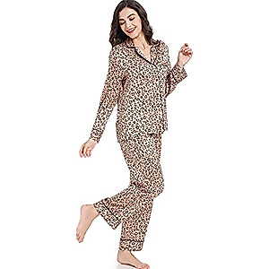 Serenedelicacy Women's Satin Pajama Set 2-Piece Sleepwear Loungewear Long Sleeve Button Down Silky PJ Set (Medium, Tan/Black/Ivory, Leopard)