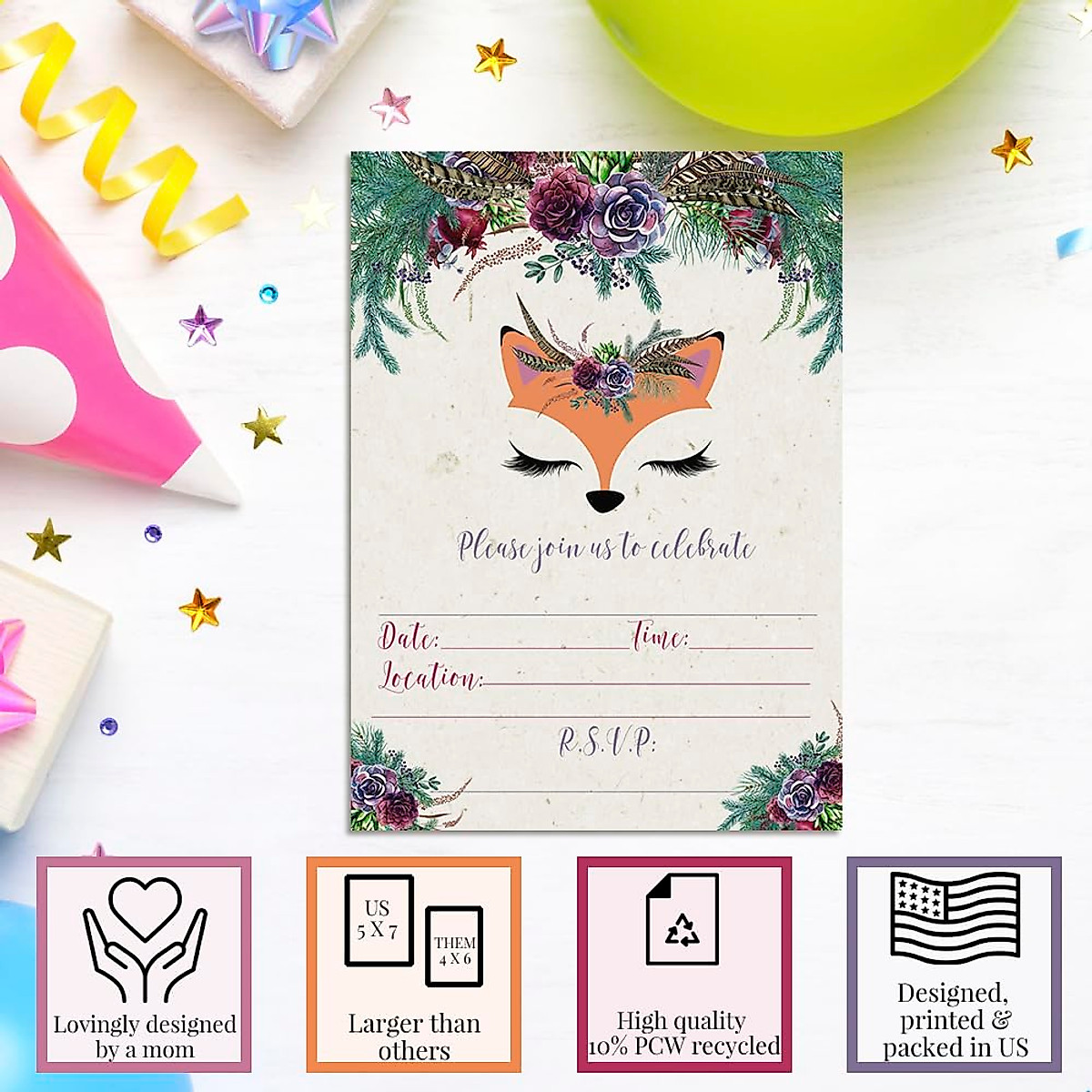 Woodland Forest Fox Face Floral With Greenery Birthday Party Invitations, 20 5x7 Fill In Cards with Twenty White Envelopes by AmandaCreation