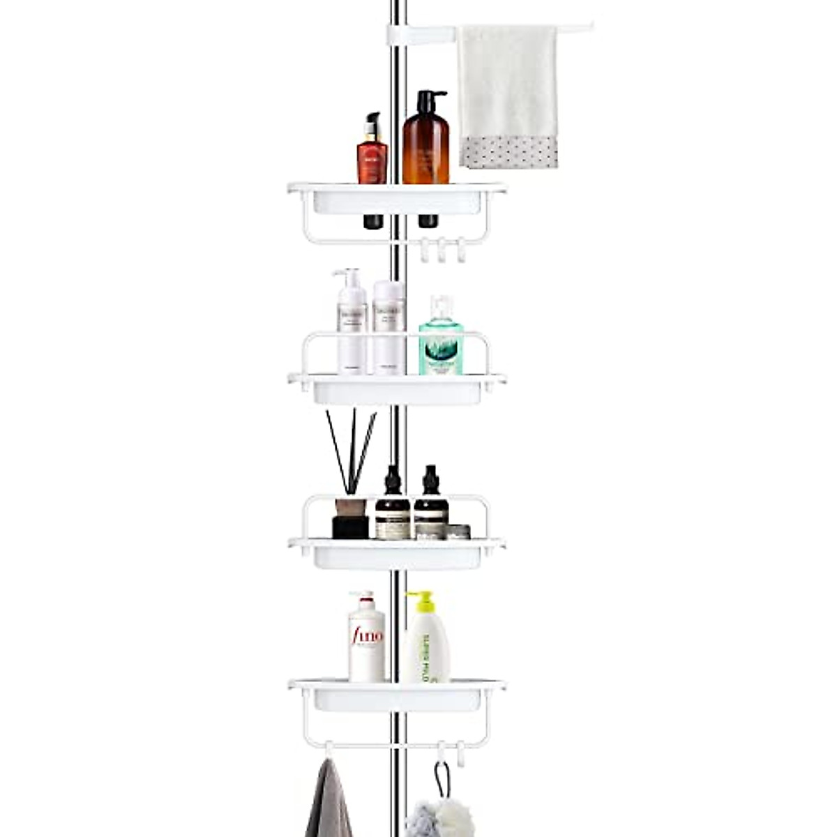 Rustproof Shower Caddy Corner, Shower Organizer with Tension Pole, 4 Tier Adjustable Shelves with Shower Storage, Stainless Shower Shelves, Drill Free Shower Rack, 56-114 Inch, White