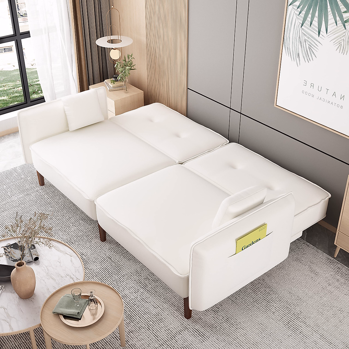 Sofa Bed, HABITTRIO 75" Modern White Fabric Upholstered 3-Seater Sleeper Couch with Adjustable Splict-Back Design, 2 Side Pockets, 2 Toss Pillows, Fit for Small Living Room, Apartment