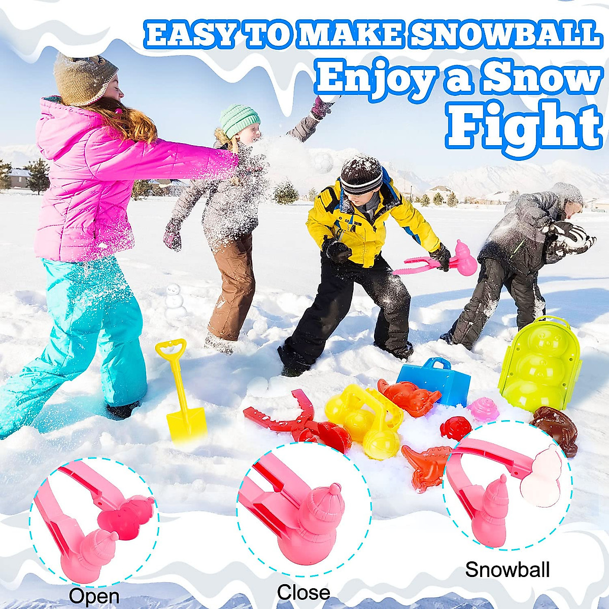 Snow Toys for Kids Ages 4-8 8-12, 24pcs Winter Snow Ball Makers for Kids, Snowball Making Kit Heart Snow Molds Shaper for Kids Outdoor Play, Dinosaur Snowman Ice Cream Snowball Maker for Toddlers 3-5