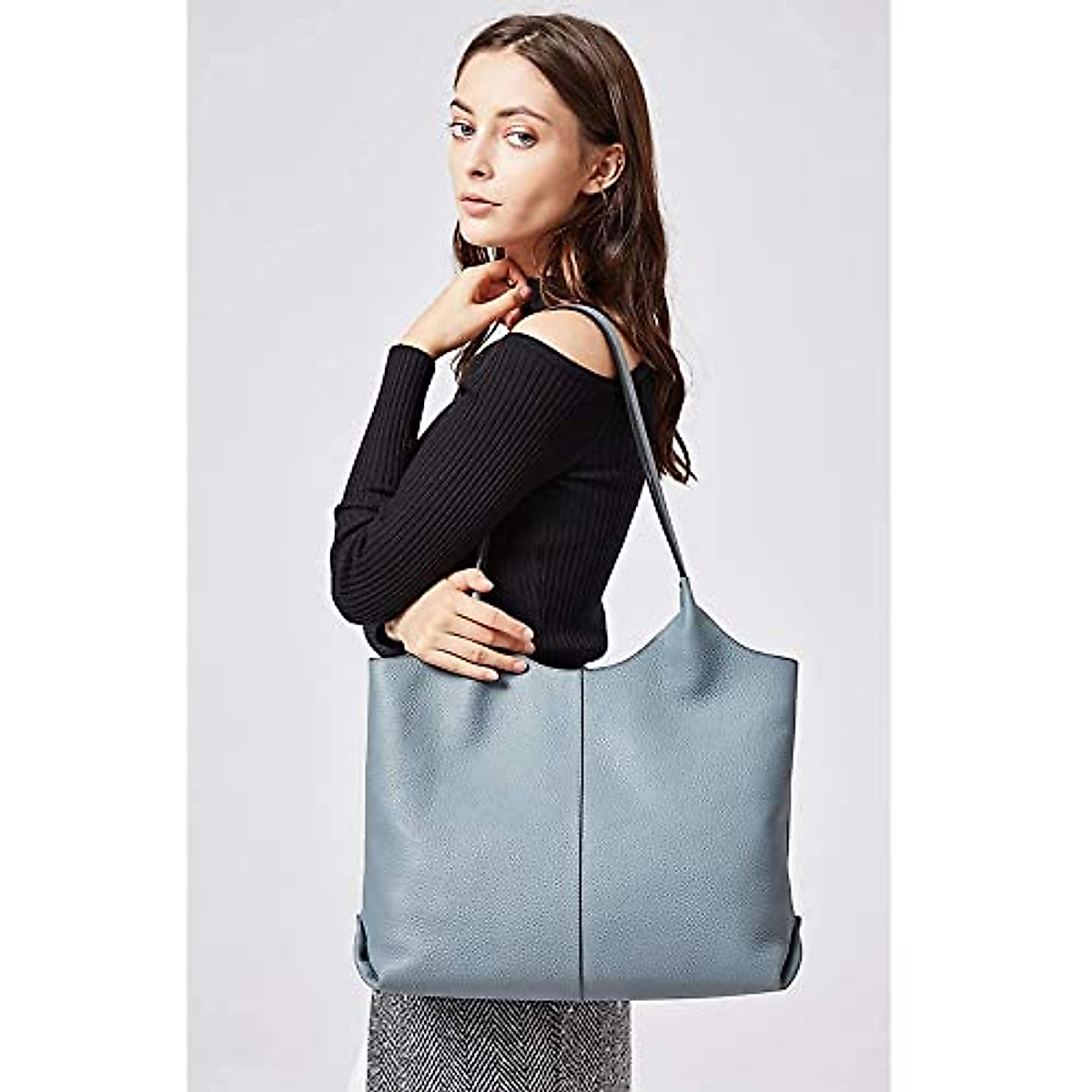 BOSTANTEN Women Handbags Designer Shoulder Tote Bag Soft Genuine Leather Purse Bundle with Women Leather Wallet RFID Blocking Small Bifold Wallet with ID Window
