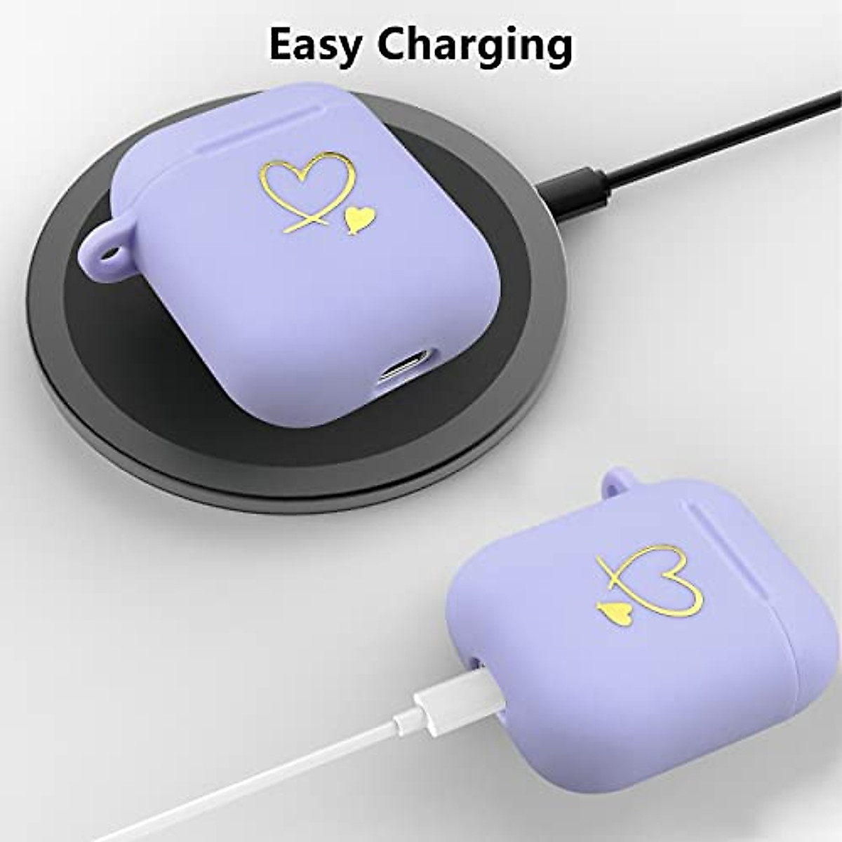 AIIEKZ Compatible with AirPods Case Cute Soft TPU with Gold Heart Pattern with Keychain Shockproof Cover Case for Girls Woman Airpods 1 &2 (Light Purple)