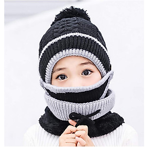 3 in 1 Winter Knitted Beanie Hat Scarf Mouth Mask Set for Girls Boys Kids, Warm Fleece Lined Ski Cap with Pompom Neck Warmer (Black)