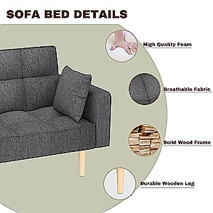 Senfot Sofa Couch, 78”W Sleeper Sofa Bed, Linen Futons with Upholstered Button Tufted Design, Convertible Futons with Thickened Wood Leg for Living Room, Bedroom and Office in Dark Grey