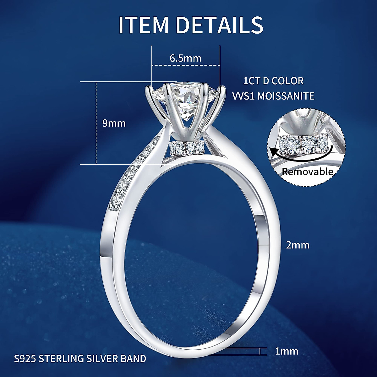 Moissanite Wedding Engagement Ring 1 Carat Classic 6 Prong Lab Created Diamond Anniversary Ring 925 Sterling Silver Solitaire Diamond Promise Ring for Women size 5-18