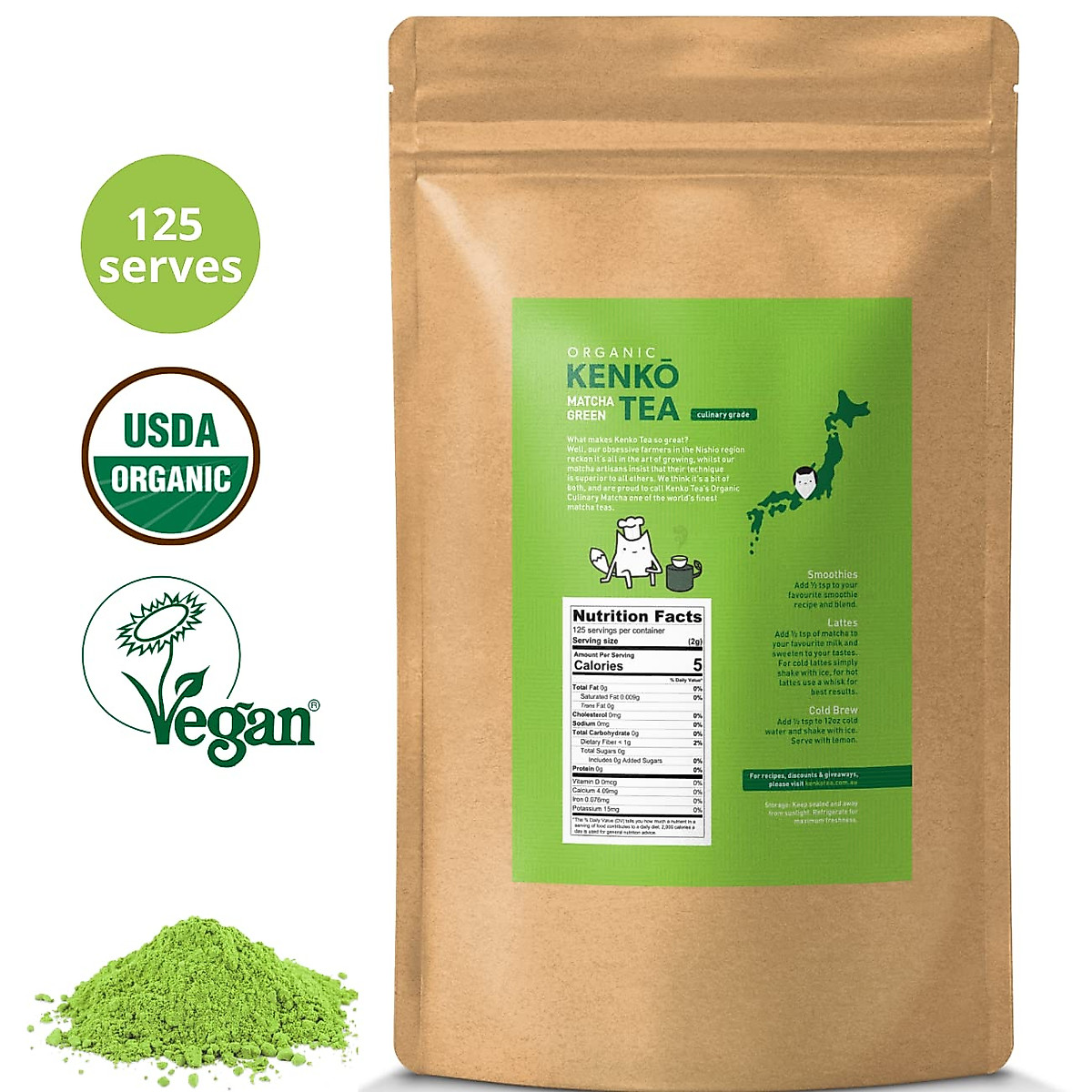 Matcha Green Tea Powder - Organic Culinary Grade Matcha, Second Harvest for Lattes & Drinks, Pure, Authentic Japanese - 125 Servings 250g Bulk Size [8.8oz] - Antioxidants, Energy & Health