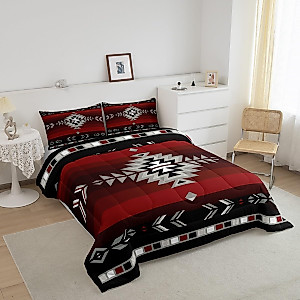 Feelyou King Size Southwest Native Design Bedding Set Boys Girls Southwestern Geometric Comforter Set for Kids Soft Tribal Comforter Red Grey Duvet Set Room Decor Quilt Boys