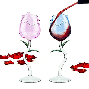 2pcs Rose Wine Glass, Creative Red Wine Glass, Rose Flower Goblet, Wine Cocktail Juice Glass for Party Dinner Wedding Festival Kitchen Bar Celebration (260ml, Blue and Pink)