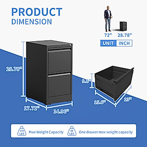 Yukimo 2 Drawer Lateral File Cabinet with Lock and 2 Drawer File Cabinet with Drawers, Black