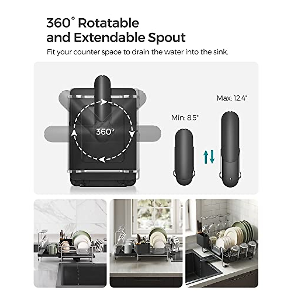 SONGMICS Dish Drying Rack, Rustproof Aluminum Dish Drainer with 21.1-28.2 Inches Expandable Drainboard, Rotatable Spout, for Kitchen Counter, Glass and Cup Holders, Silver and Black UKCS031E01