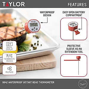 Taylor Waterproof Digital Instant Read Thermometer For Cooking, BBQ, Grilling, Baking, And Meat, Comes With Pocket Sleeve Clip, Red