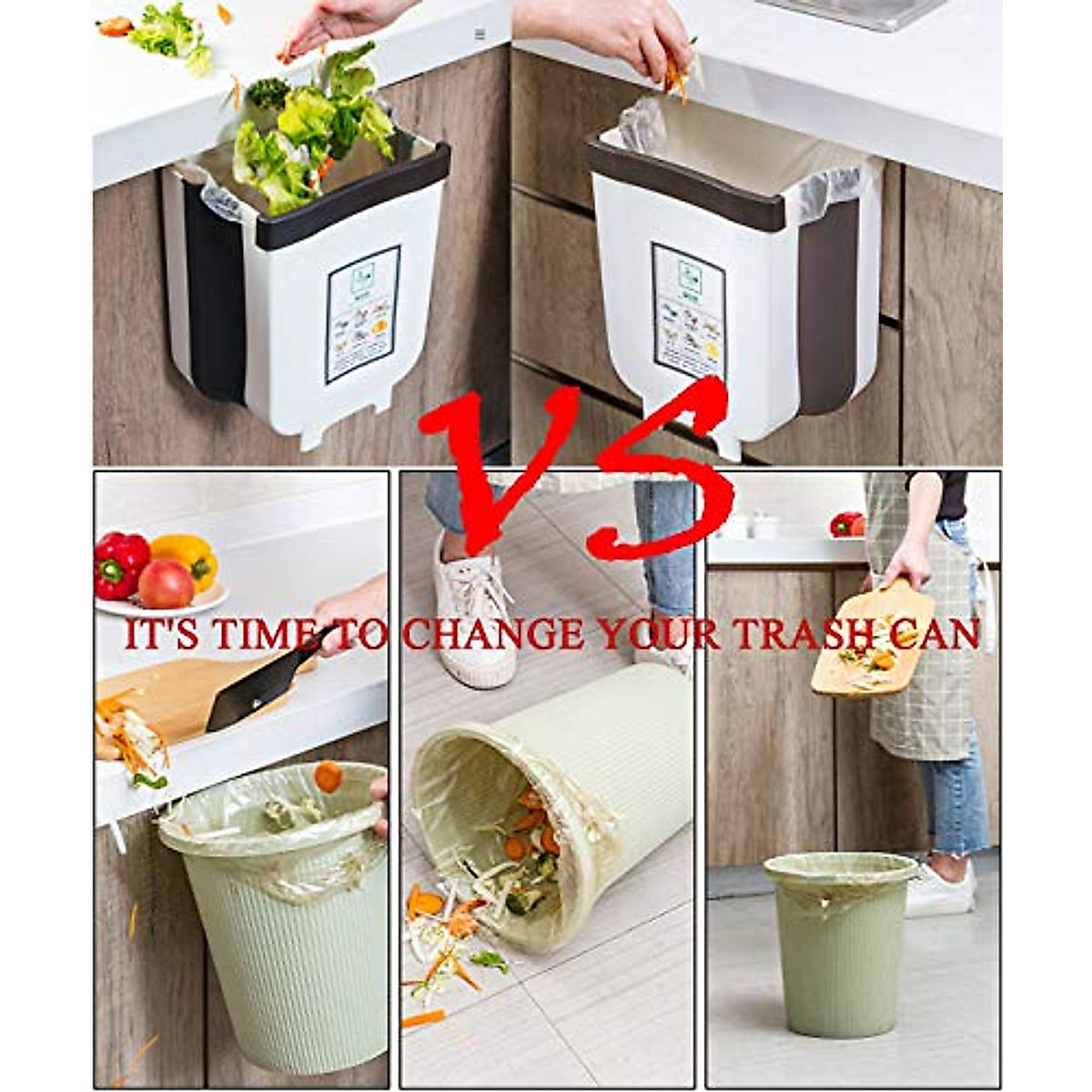 Folding Kitchen Bin Wall Mounted Trash Can Collapsible Small Compact Garbage Bin Hanging Waste Contanier Attached to Cabinet Door Space Save For Kitchen Garden Office School Bathroom (9L, White)