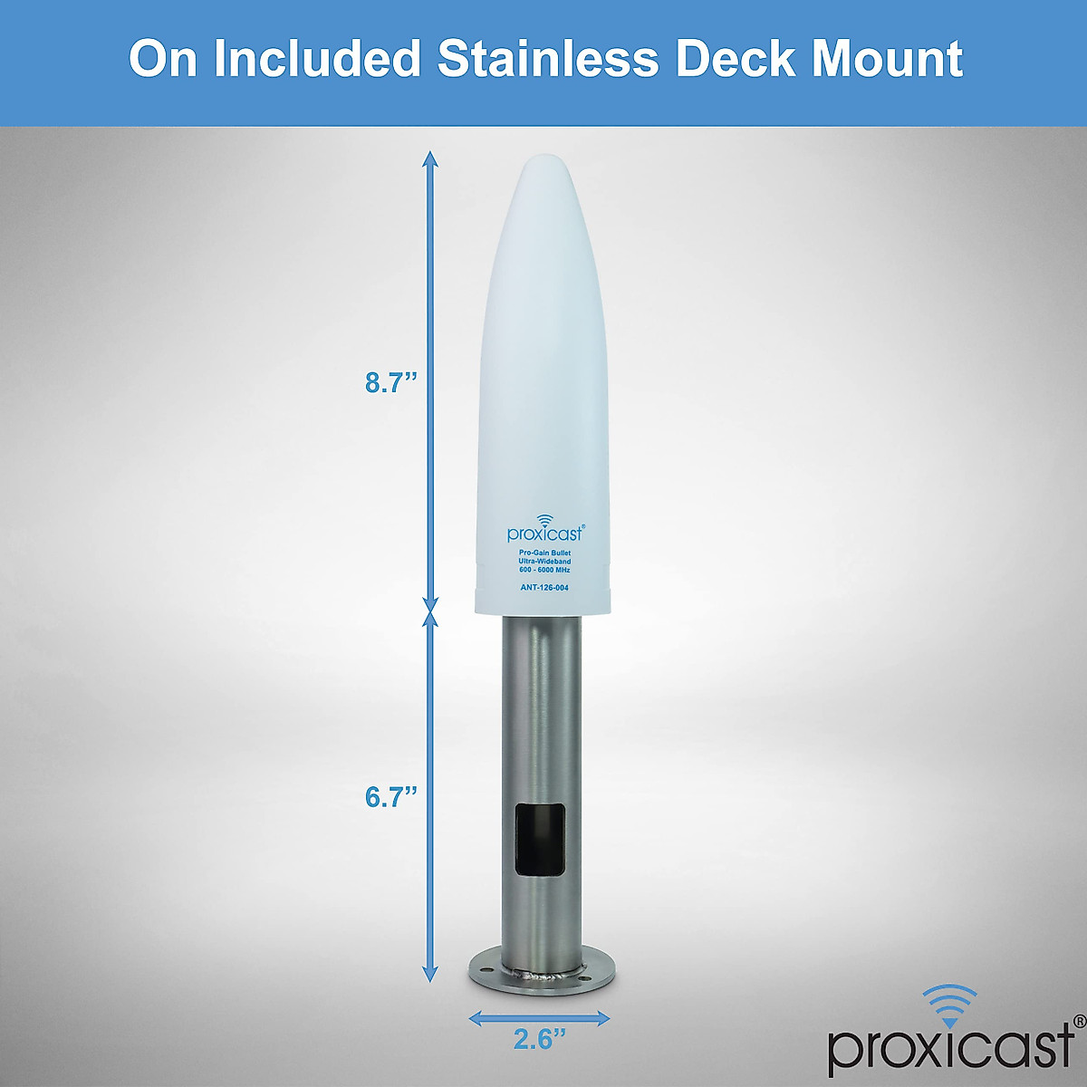 Proxicast 8.5 dBi Pro-Gain 4G / 5G / WIFI Omni-Directional Ultra Wideband Marine Grade Antenna with Stainless Outdoor Deck Mount for Boat, Salt Water or Corrosive Applications - White (ANT-126-004-WM)