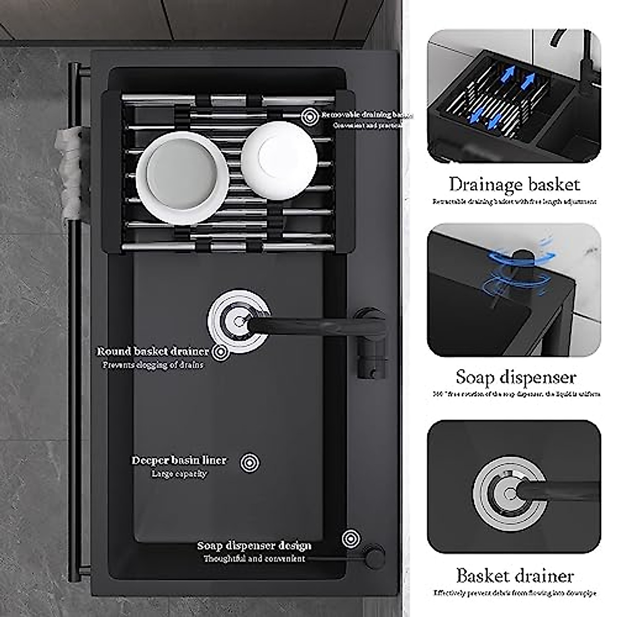 HM&DX Utility Sink with Cabinet,Black Commercial Sink,freestanding Stainless Steel Sinks,Single Bowl Kitchen Sink with Faucet and Shelves,Hand Washing Station Basin for Garage Kitchen Laundry Room