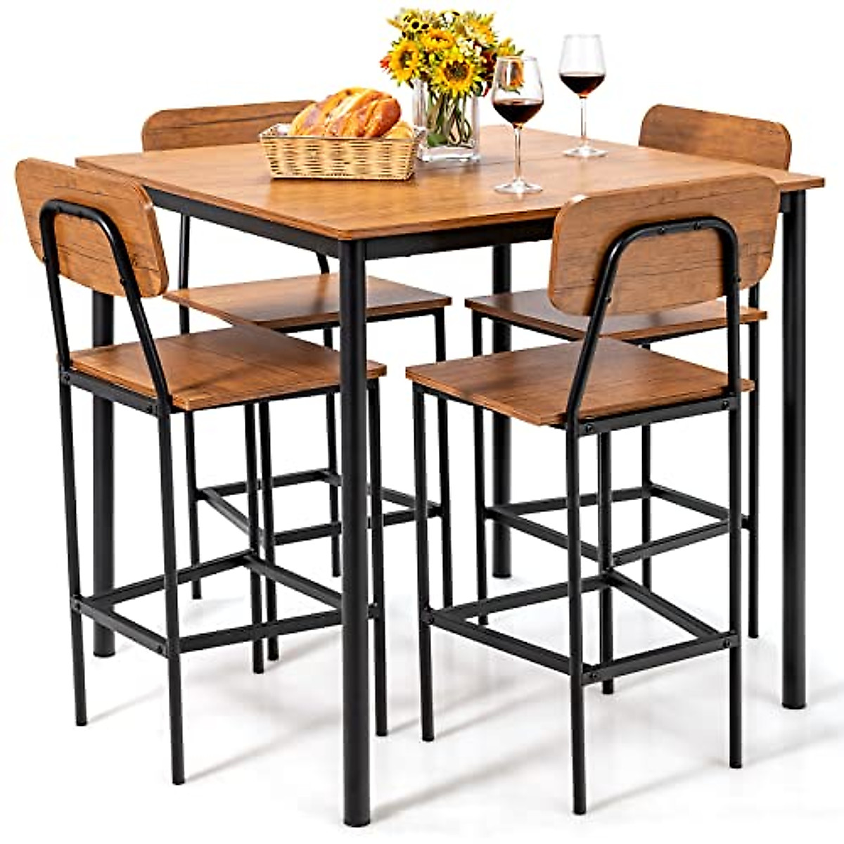 Giantex 5-Piece Dining Table Set W/Counter Height Table & 4 Bar Stools, Industrial Kitchen Dining Table Set W/Footrest & Backrest, Space-Saving Dinette Set for Pub, Dining Room, Restaurant