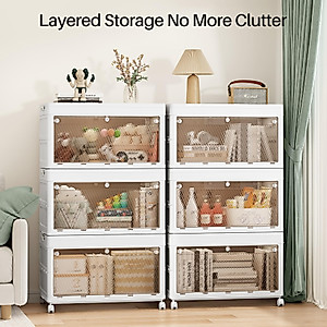 Kitstorack 228QT Large Plastic Stackable Storage Bins with Lids, Collapsible Storage Bins with Wheels and Doors for Home Storage Closet Organizers and Storage, PP