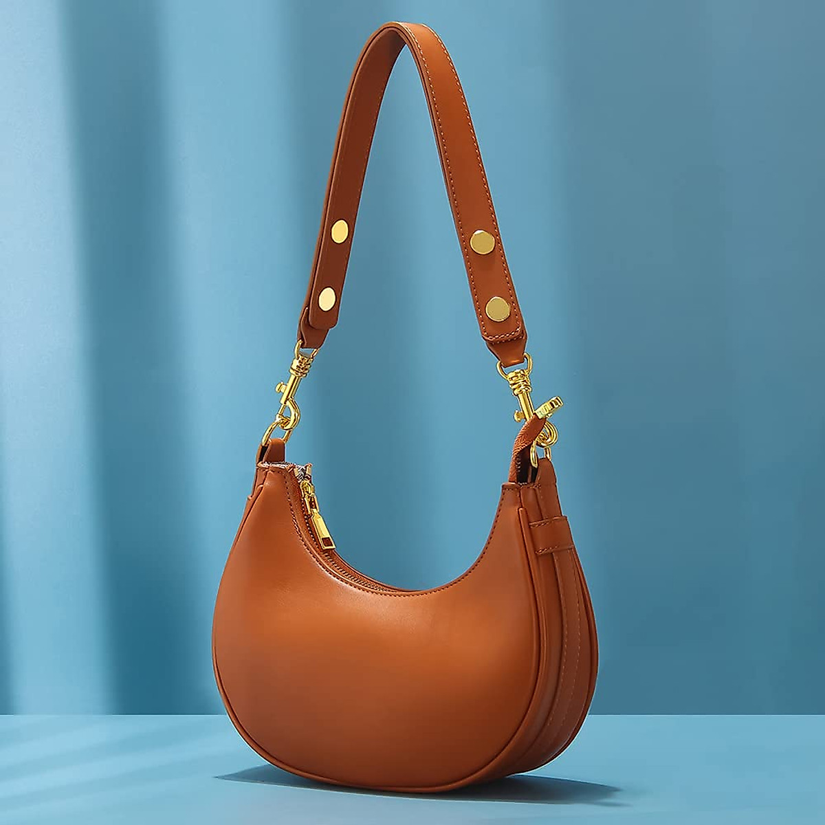 Mn&Sue Women's Leather Shoulder Bag - Classic Medium Hobo Tote - Sleek Crescent Shape for Effortless Style (Brown)