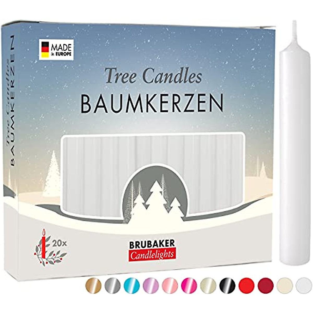 BRUBAKER Tree Candles - Pack of 20 - White - 3¾ x ½ Inches (9.5 x 1.27cm) - Made in Europe - Pyramids, Carousels & Chimes