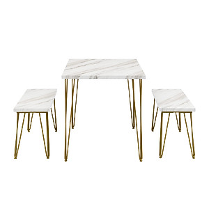LIADTOP, 3-Piece Kitchen Sets,Rustic Farmhouse Faux Marble Dining 2, Thick Table/Bench Top with Iron Frame for 4,White+Gold