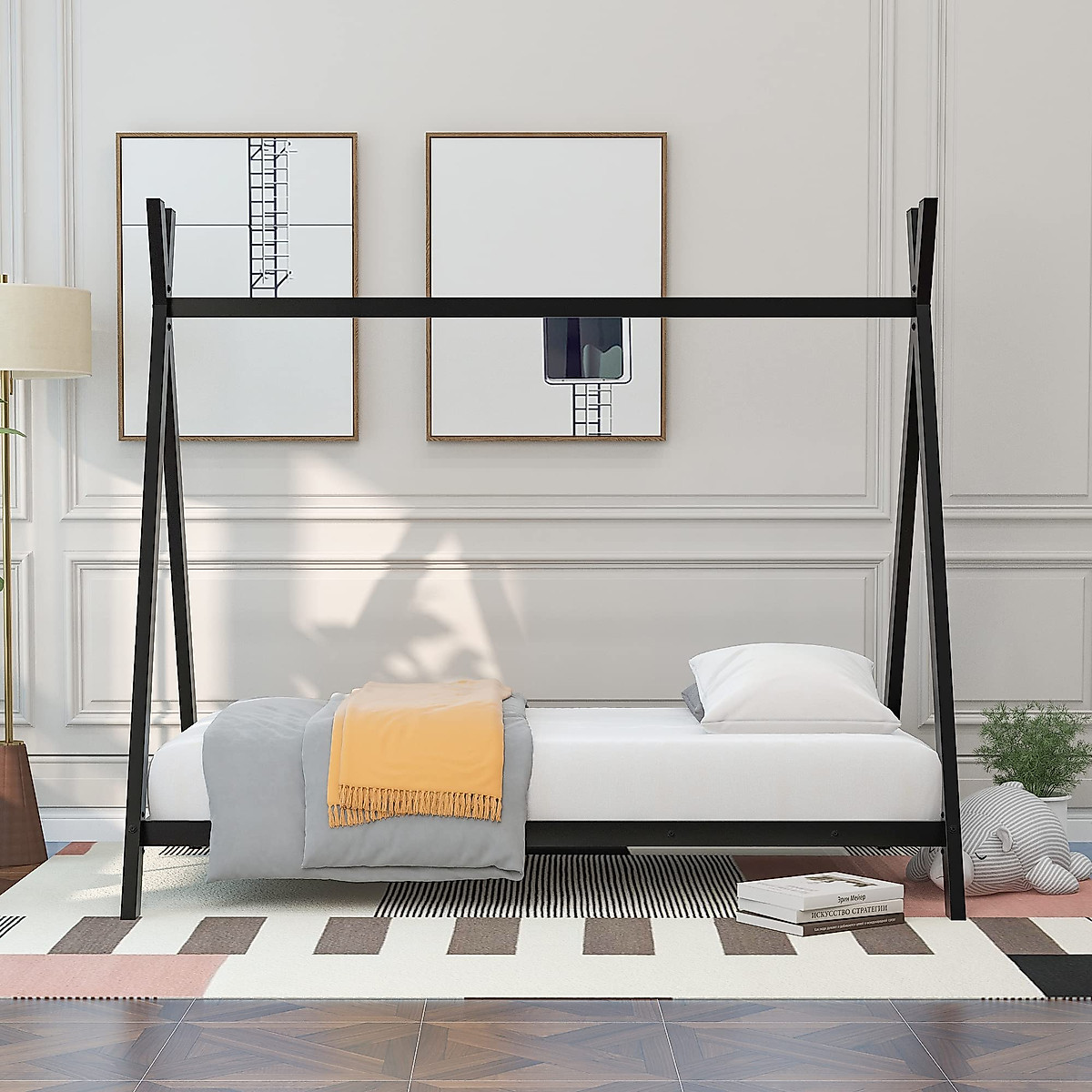 CITYLIGHT House Twin Bed for Kids, Metal Tent Bed with Slat, Toddler Twin House Bed, Montessori Floor Beds for Kids Boys Girls Teens(Twin, Black)