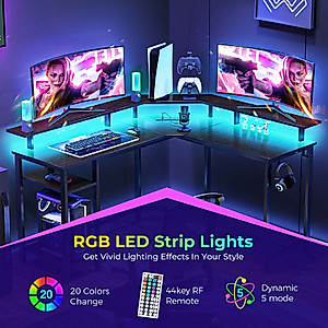 Rolanstar L Shaped Gaming Desk with LED Lights & Power Outlets, 46.2" Computer Desk with Full Monitor Stand & Storage Shelf, Corner Desk with Hooks, Black Desk Reversible