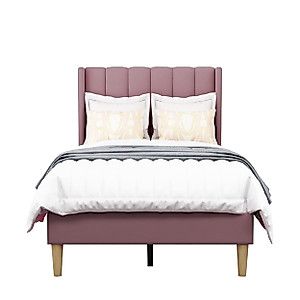 AGARTT Upholstered Platform Bed Frame Twin Size with Headboard and Footboard/Wooden Slats Support/No Box Spring Needed/Easy Assembly,Pink Velvet