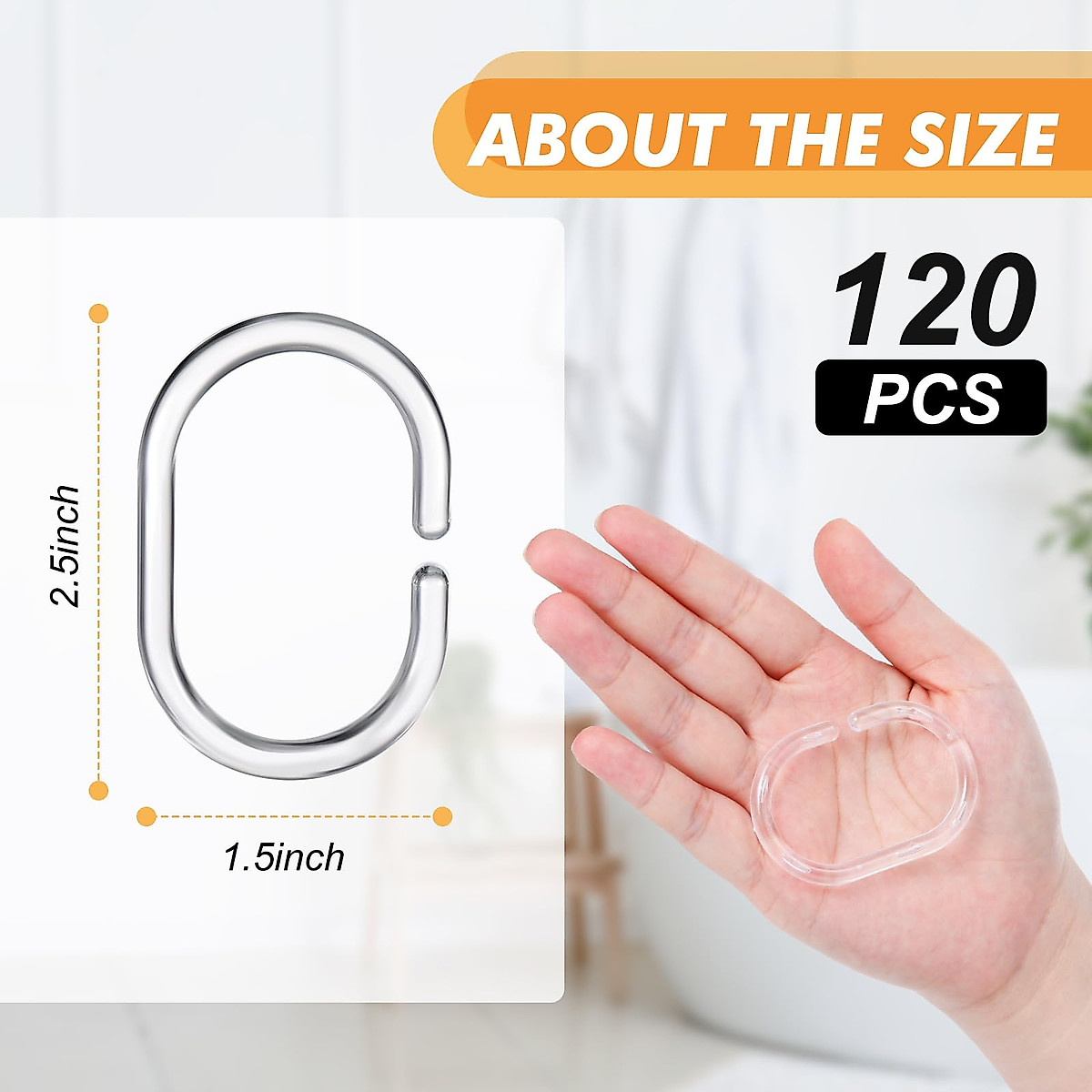 Sintuff 120 Pcs Plastic Shower Curtain Rings Hooks C Shaped Rings Hook Hanger for Bathroom Shower Window Rod (Clear)