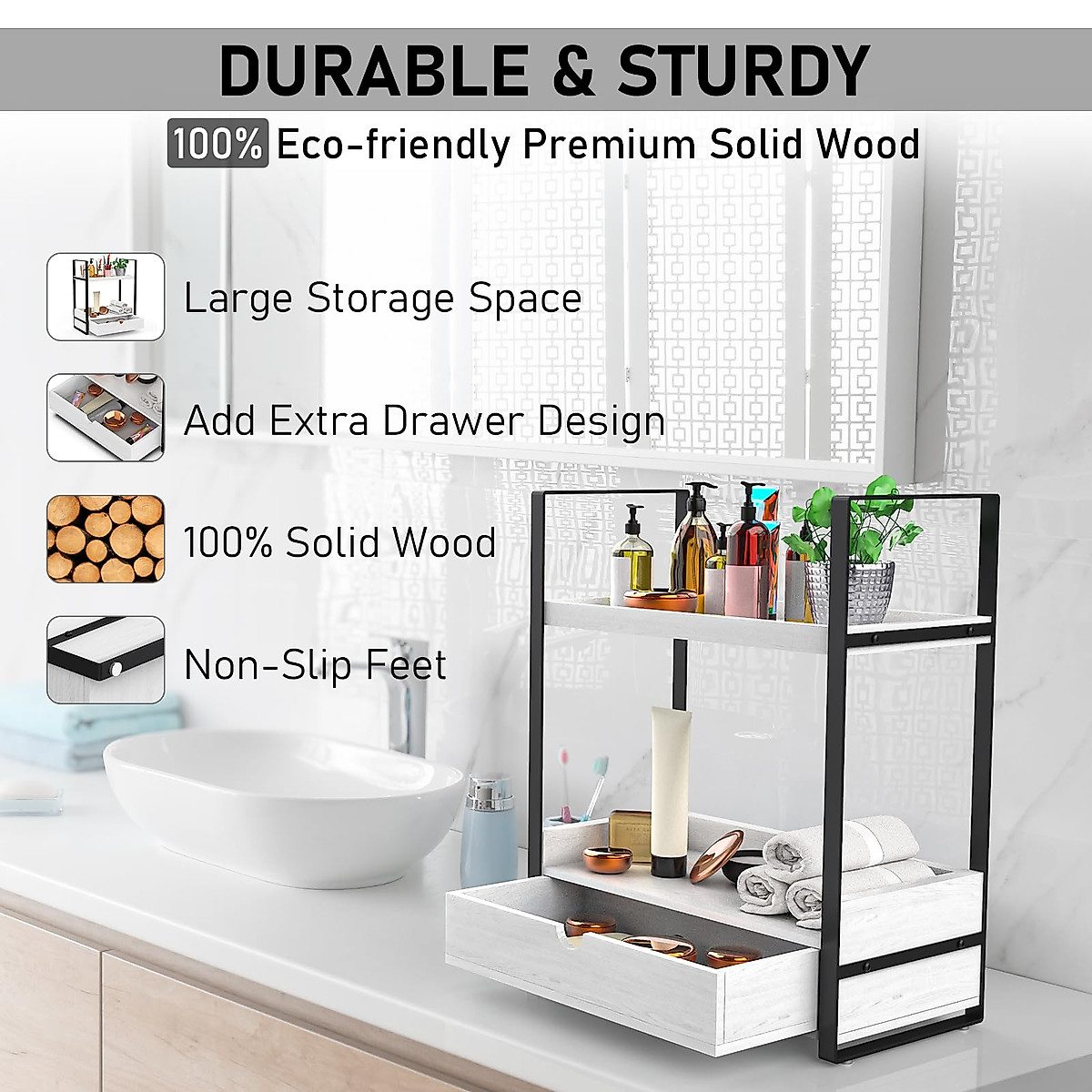 AnnBay Bathroom Counter Organizer,2 Tier Bathroom Organizer Countertop,Bathroom Counter Organizer with Drawers,Wooden Bathroom Organizer with Metal Frame,Perfect for Bathroom,Makeup,Kitchen Storage