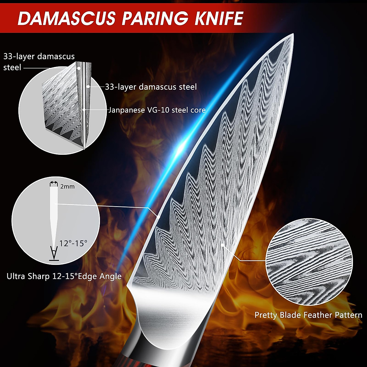 HOSHANHO Paring Knife 3.75 Inch Small Kitchen Knife, Super Sharp VG-10 Damascus Steel Fruit Knife, Multifunctional Peeling Knife for Cutting Fruit Vegetables