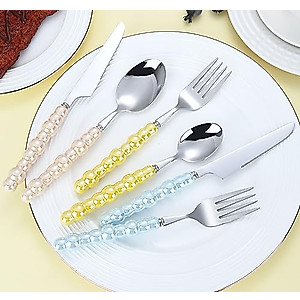 WISELADY Teaspoon Set, 304 Stainless Steel Knife, Fork and Spoon Set, Ceramic Handle Cutlery, Steak Knife, Fork Dessert Spoon, Dinner Spoon Set (Beige,2Sets)