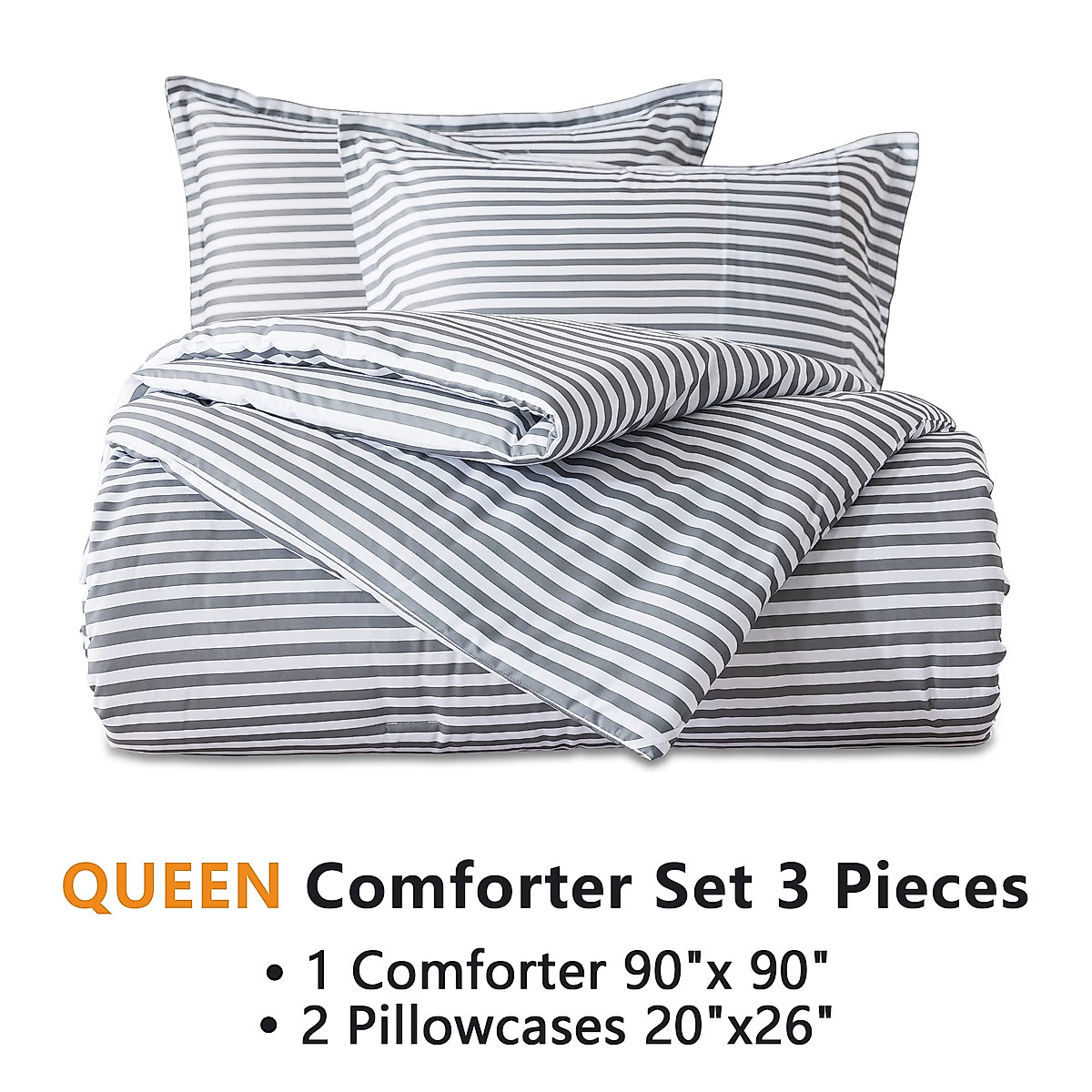 Andency Striped Comforters Queen Size Set Gray, 3 Pieces Grey Bedding Comforter Sets for Queen Bed, Soft Lightweight Fluffy Down Alternative Bed Set for Boys Men All Season