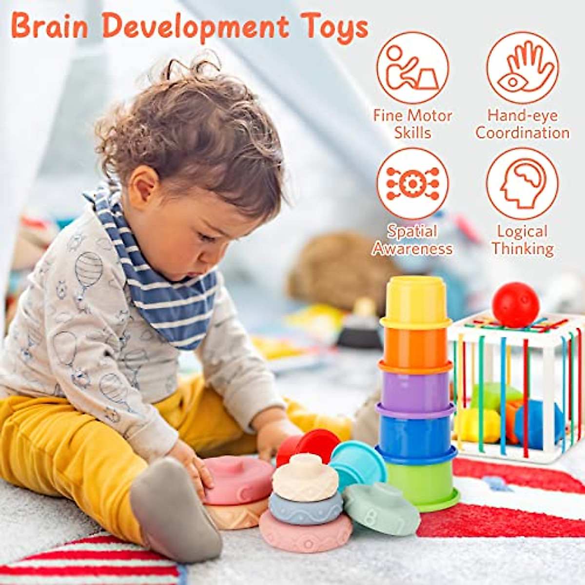 5 in 1 Montessori Toys for Babies 0-3-6-12-18 Months and Up: Infant Gifts Play Set Kids Sensory Learning Activity for Age 1 Year Old Boy Girl 4 7 8 9 Birthday Box Travel Bath Stacking Essentials Stuff