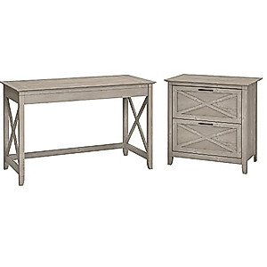 Bush Furniture Key West Writing Desk with 2 Drawer Lateral File Cabinet, 48W, Linen White Oak