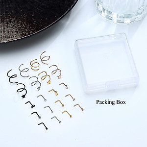 ZELORES 20Pcs 20G Double Hoop Nose Ring L Shaped Nose Studs 316L Stainless Steel Piercing Jewelry Small Nose Studs Spiral Nose Rings for Women Men Silver Rose Gold Balck (Set1)