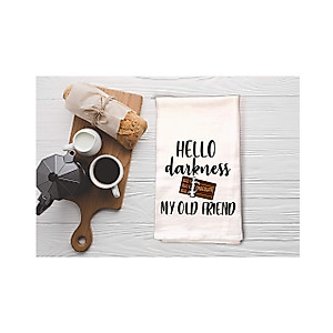 Hello Darkness My Old Friend - Dish Towel Kitchen Tea Towel Funny Saying Humorous Flour Sack Towels Great Housewarming Gift 28 inch by 28 inch, 100% Cotton, Multi-Purpose Towel