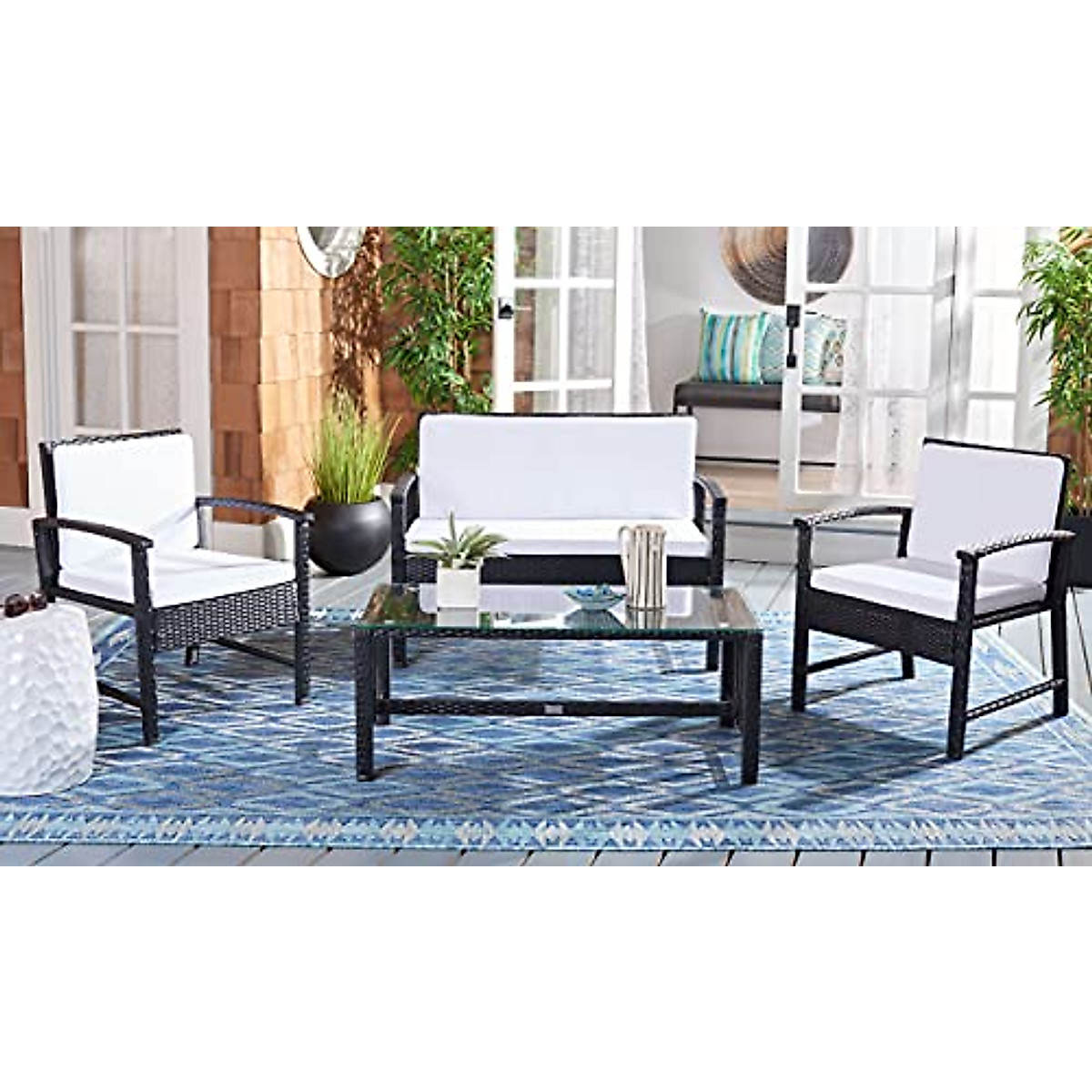 SAFAVIEH Outdoor Collection Krissy Wicker Cushion 4-Piece Living Set PAT7711A, Black/White