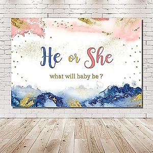 MEHOFOND 7x5ft Gender Reveal He or She Backdrop What Will Baby Be Baby Shower Backdground Boy or Girl Photography Photo Booth Banner Gold Glitter Newborn Party Photo Studio Booth Props