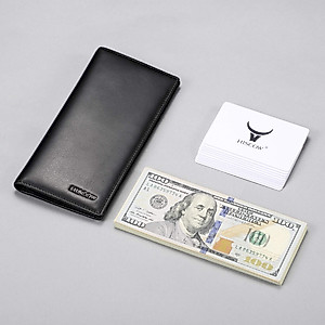 HISCOW Slim Leather Long Wallet for Men & Women, Italian Calfskin, Breast Pocket Wallet for Checkbook, Credit Cards (Black)